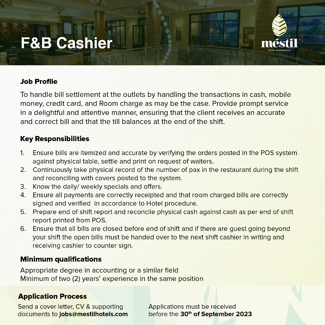 Méstil Hotel & Residences food and beverage cashier job vacancy